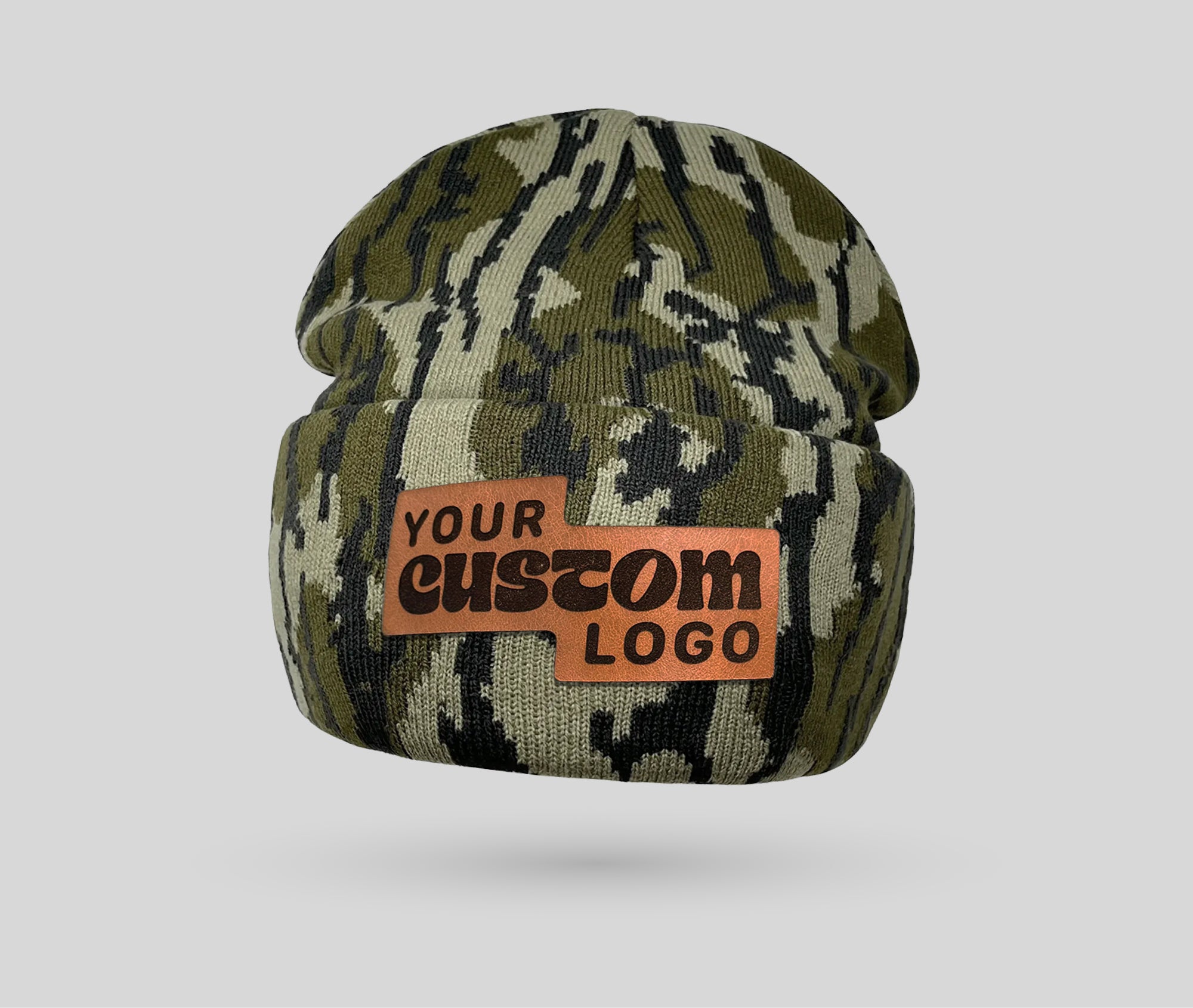 Custom Leather Patch Camo Beanie Mossy Oak Bottomland - Lost Hat Co.